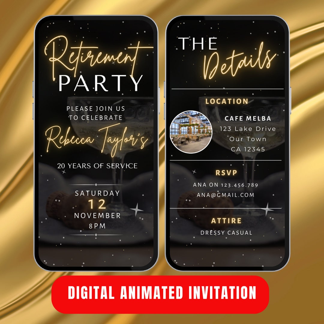 Retirement Party Invitation. Digital Animated Black and Gold Retired ...