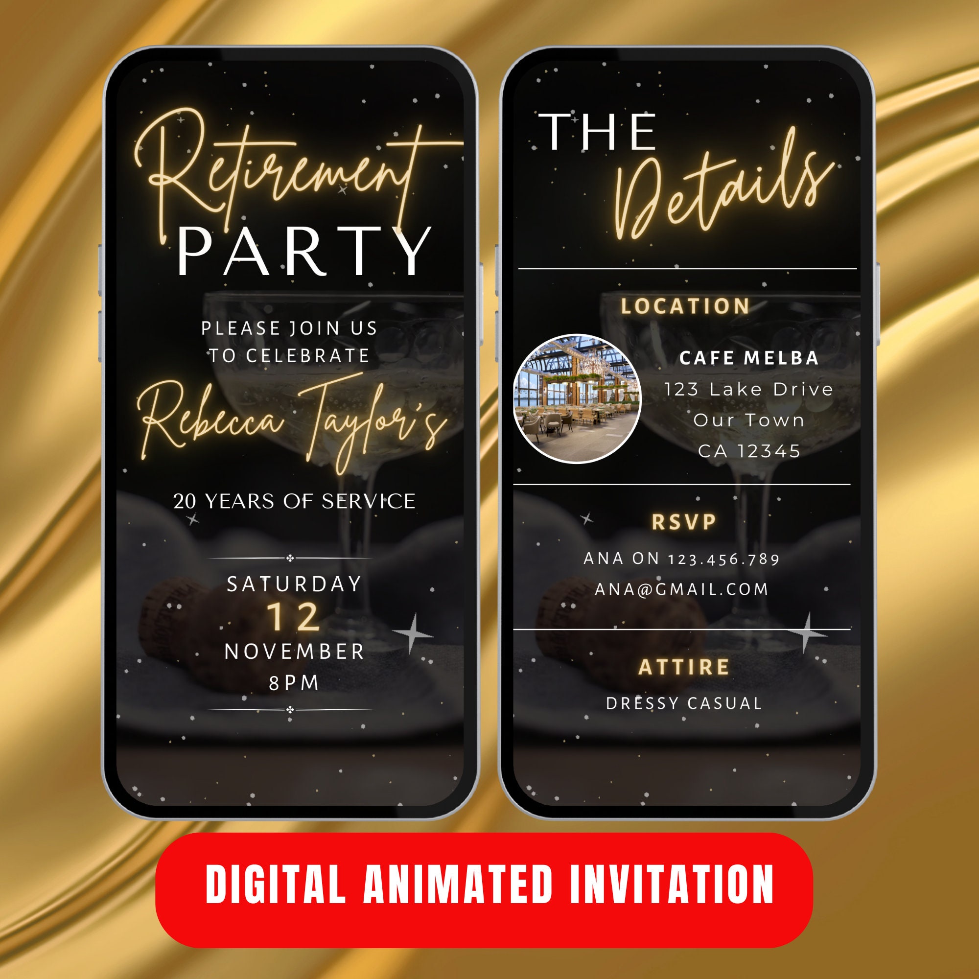 Retirement Party Invitation. Digital Animated Black and Gold Retired ...