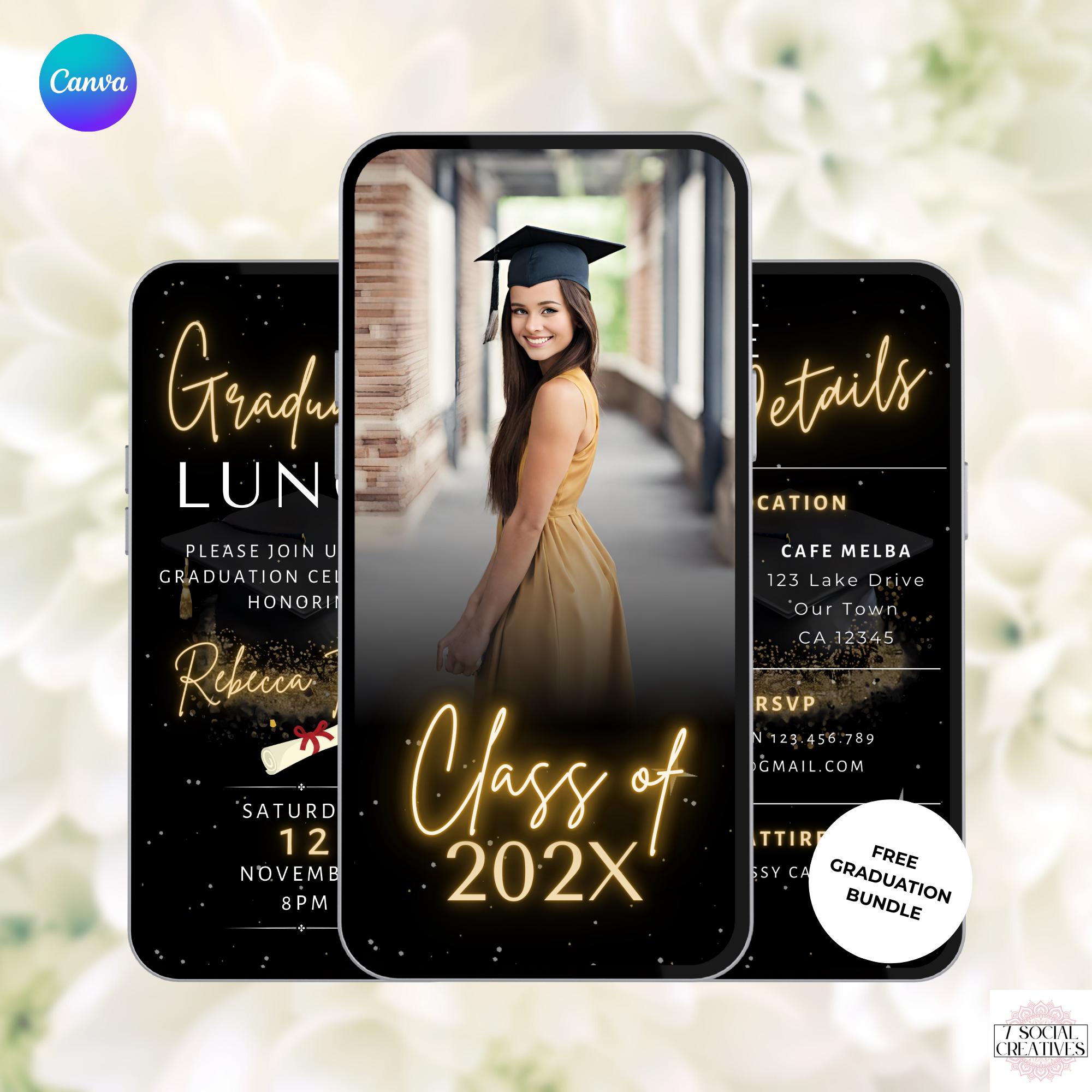 Graduation Lunch Invitation With Photo. Digital Black and Gold Class of ...
