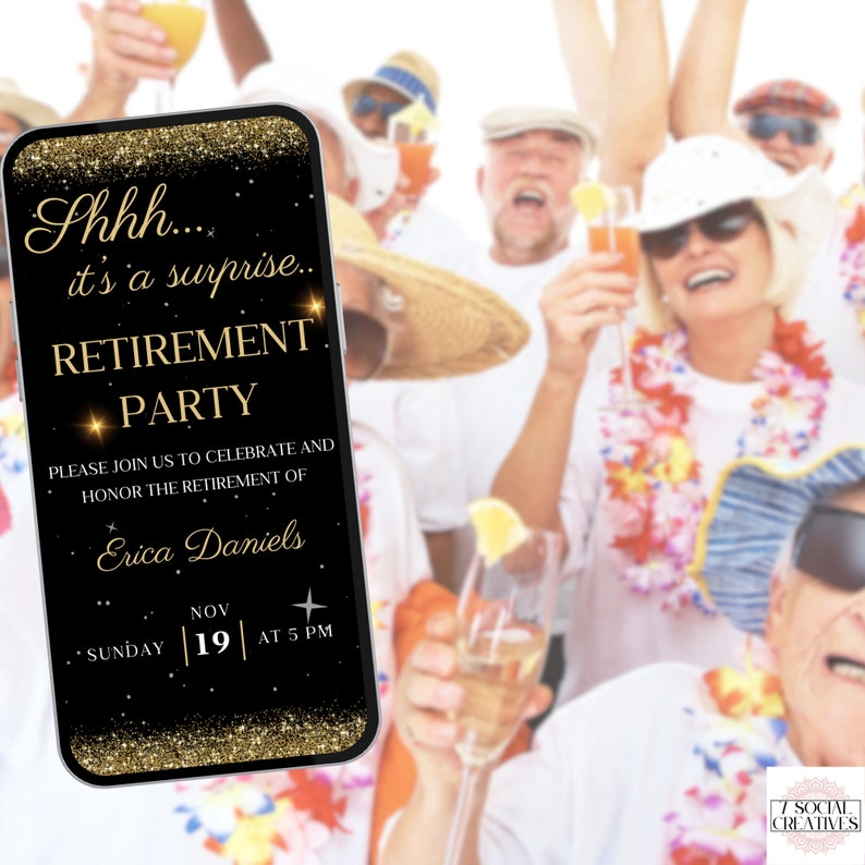 Surprise Retirement Party Invitation in Black and Gold. Digital ...