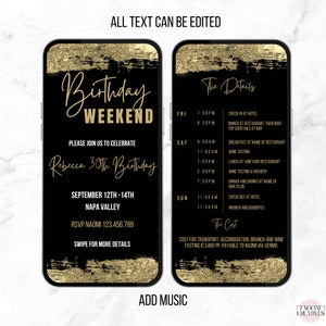 Birthday Weekend Itinerary Invitation Black and Gold. Digital Animated ...