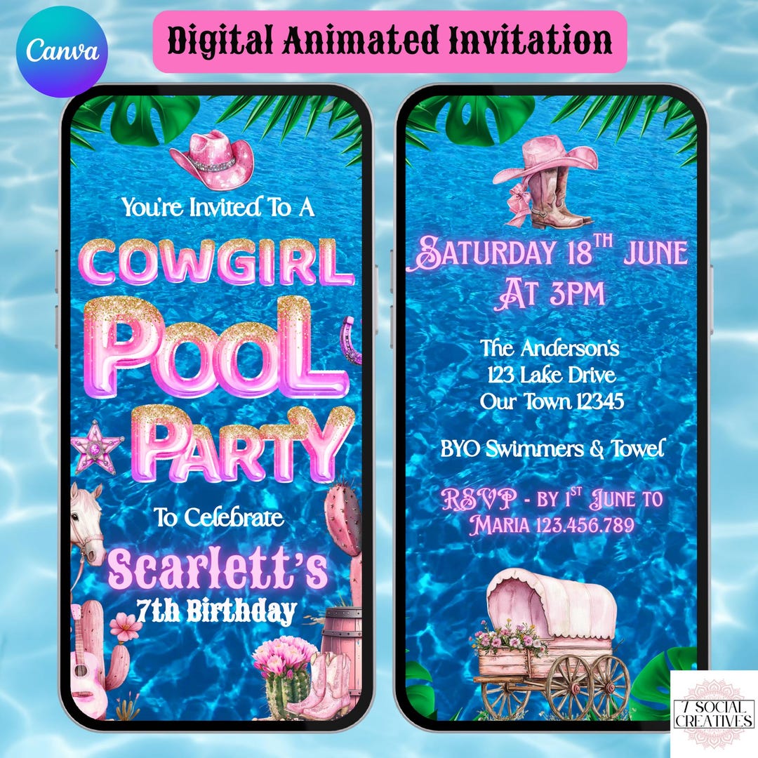 Cowgirl Pool Party Invitation. Digital Animated Girls Any Age Birthday ...