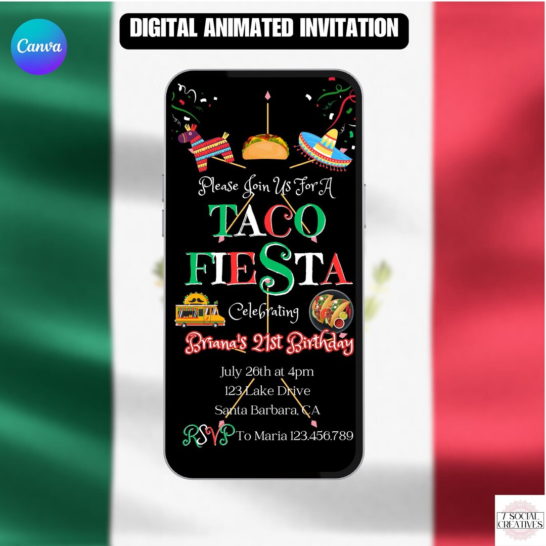 Taco Birthday Party Invitation. Animated Taco Tuesday Mexican Theme ...