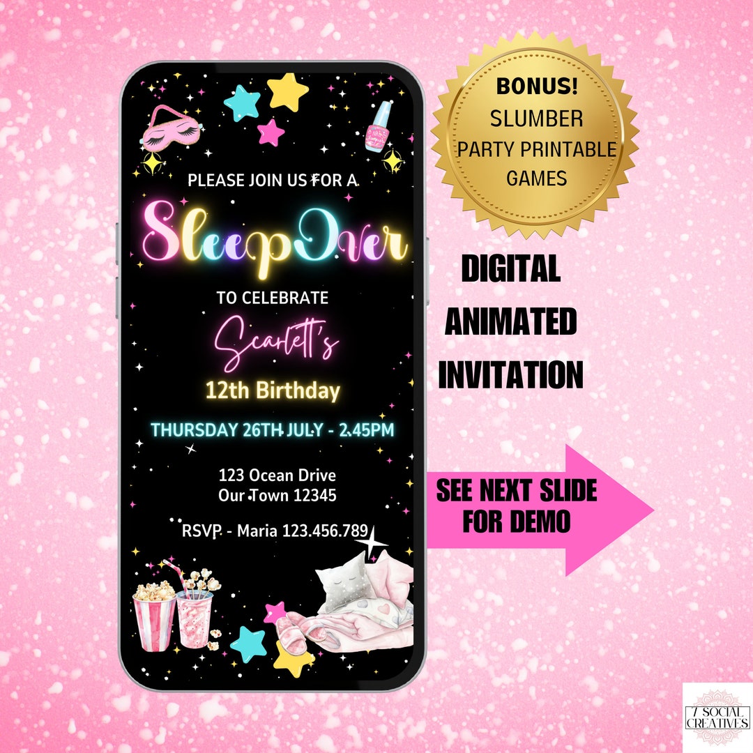 Neon Sleepover Party Invitation. Digital Girls Birthday Slumber Party ...