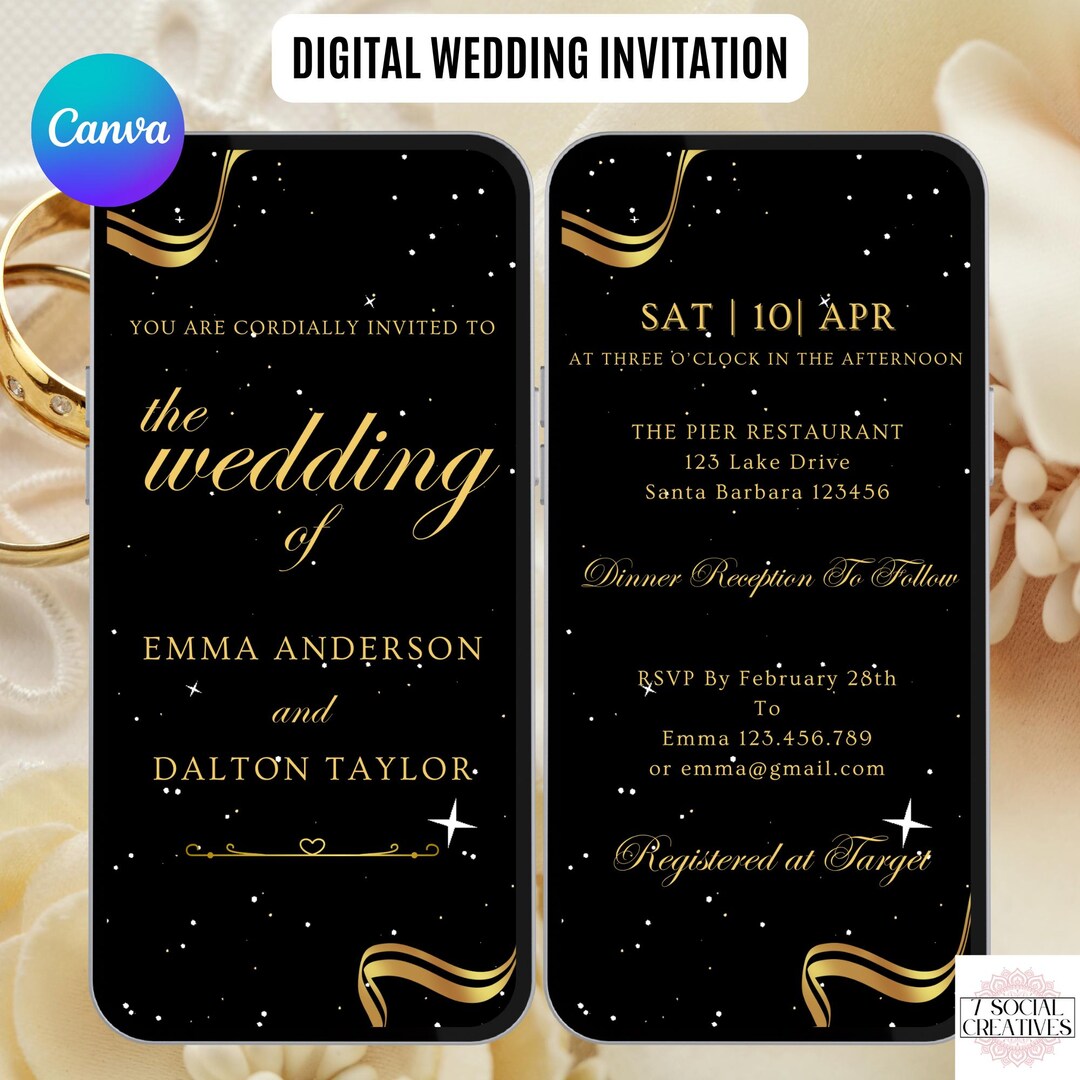Digital Wedding Invitation in Black and Gold. Elegant Modern Animated ...