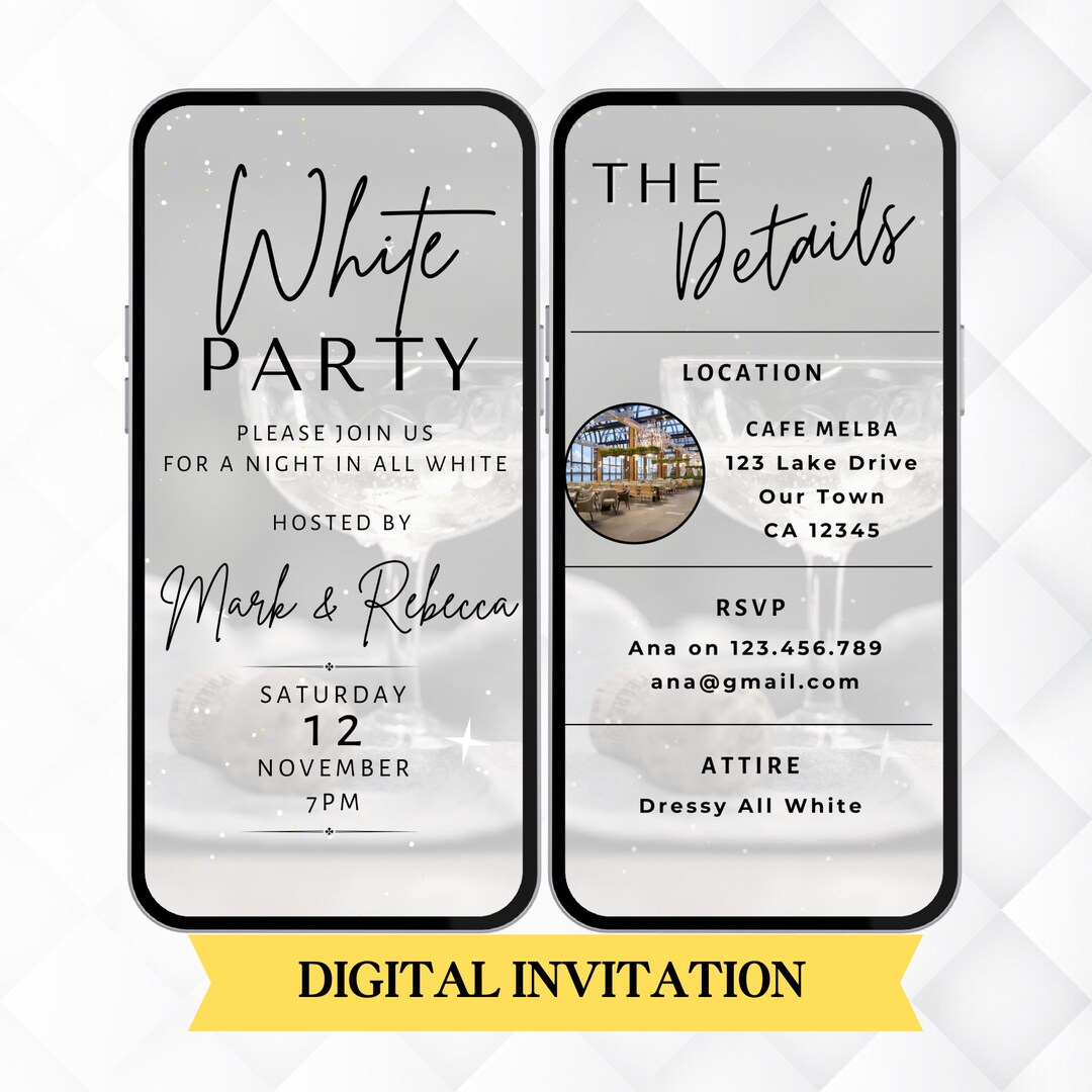 White Party Invitation. Digital Night in All White Birthday or ...