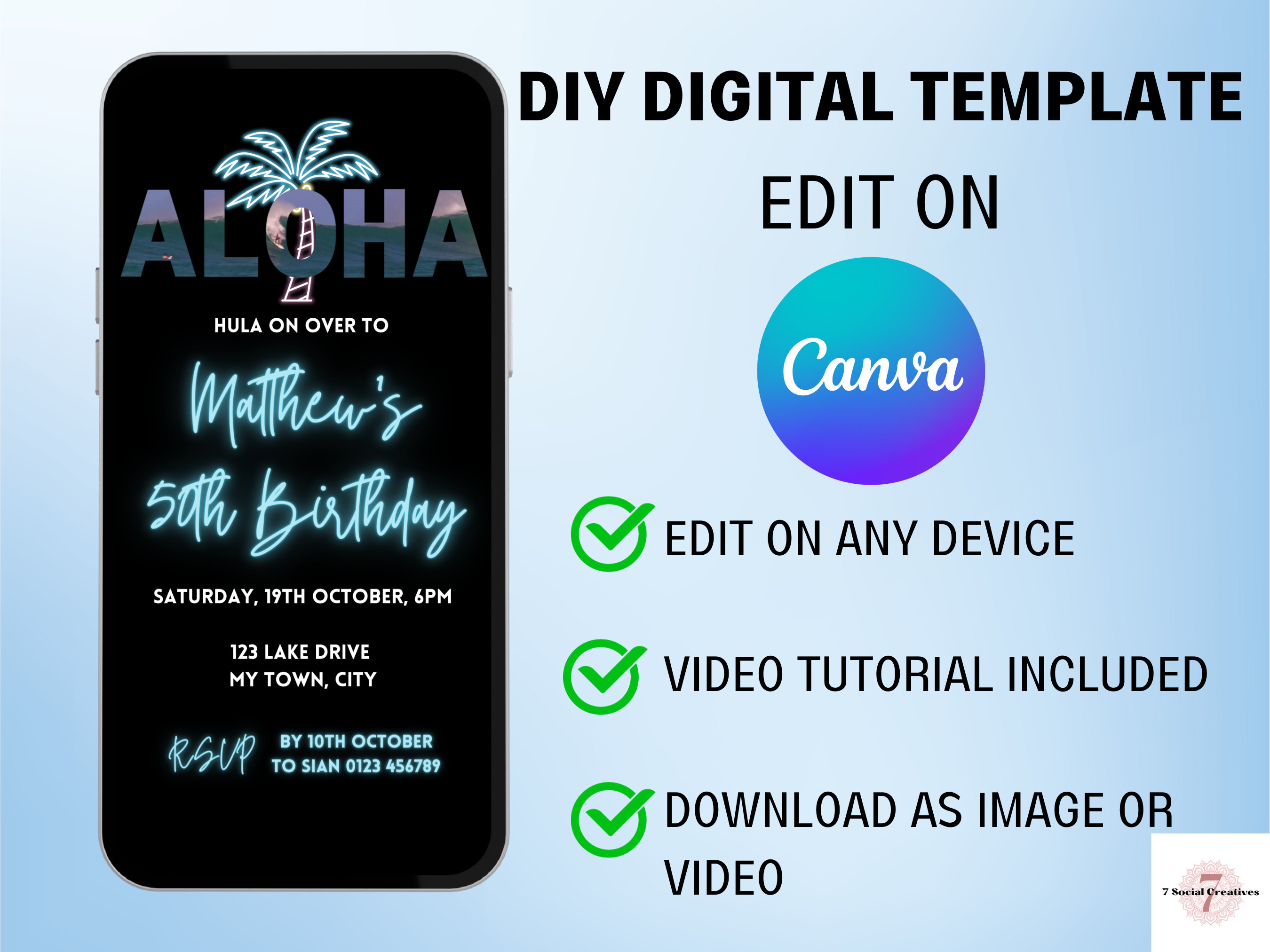 Digital Aloha Invitation. Mens Animated Luau Hawaii Theme Invite in ...