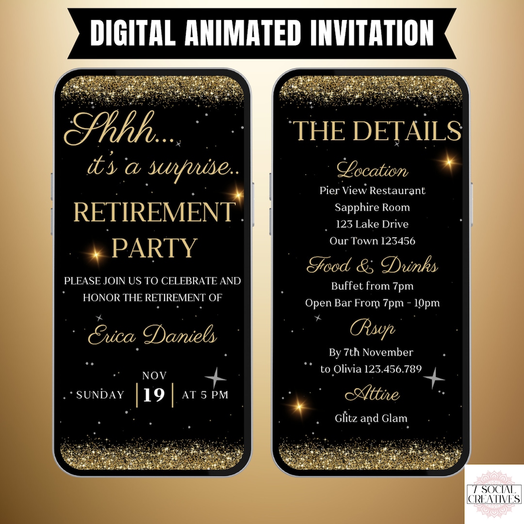Surprise Retirement Party Invitation in Black and Gold. Digital ...