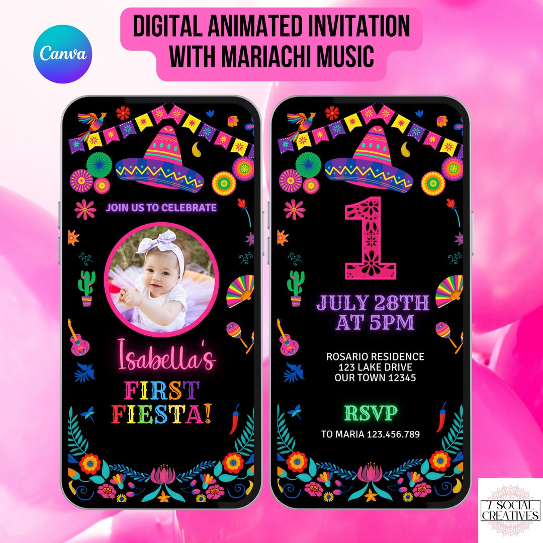 First Fiesta Invite With Picture and Mariachi Music. Digital Black Pink ...