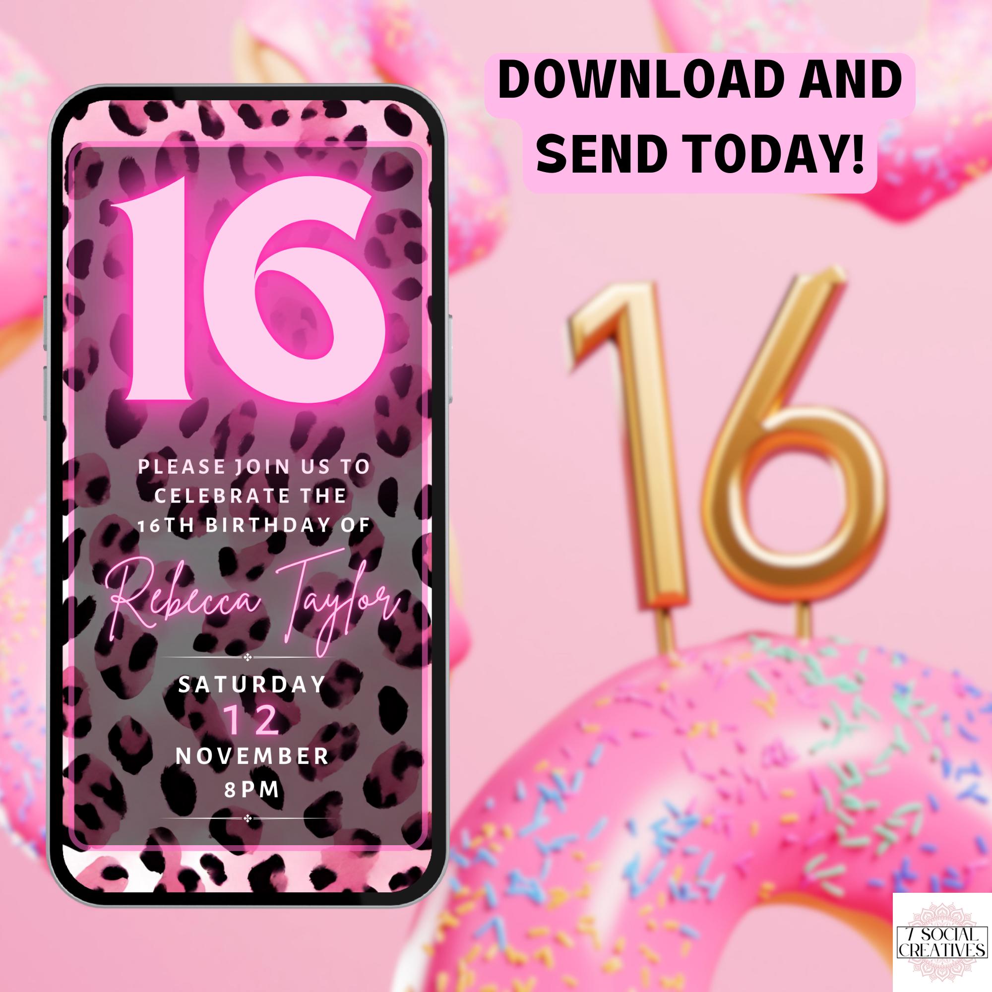 16th Leopard Birthday Party Invitation. Digital Girls Sweet Sixteen ...