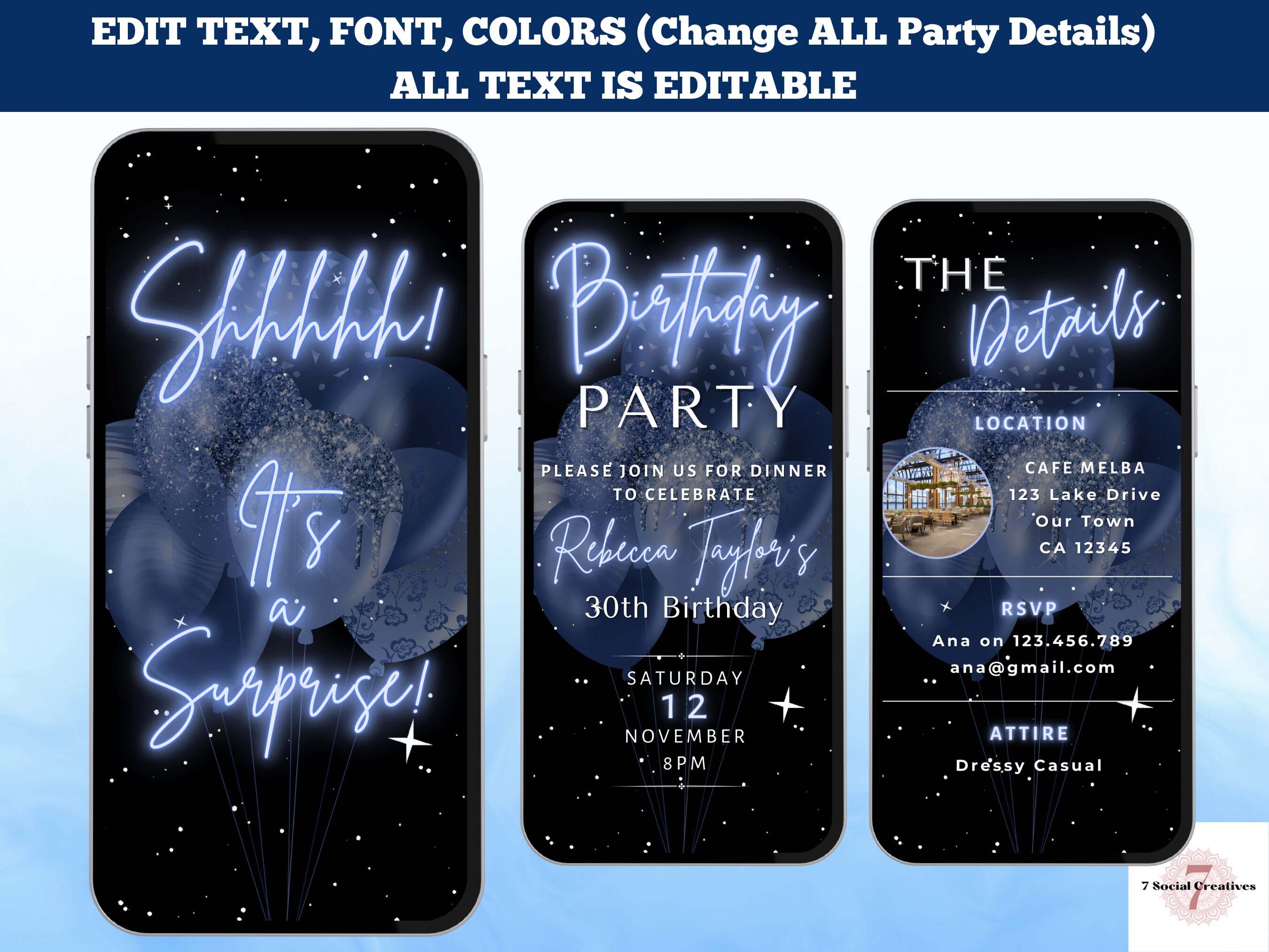 Blue Surprise Birthday Party Invitation. Digital Elegant Balloon Theme ...