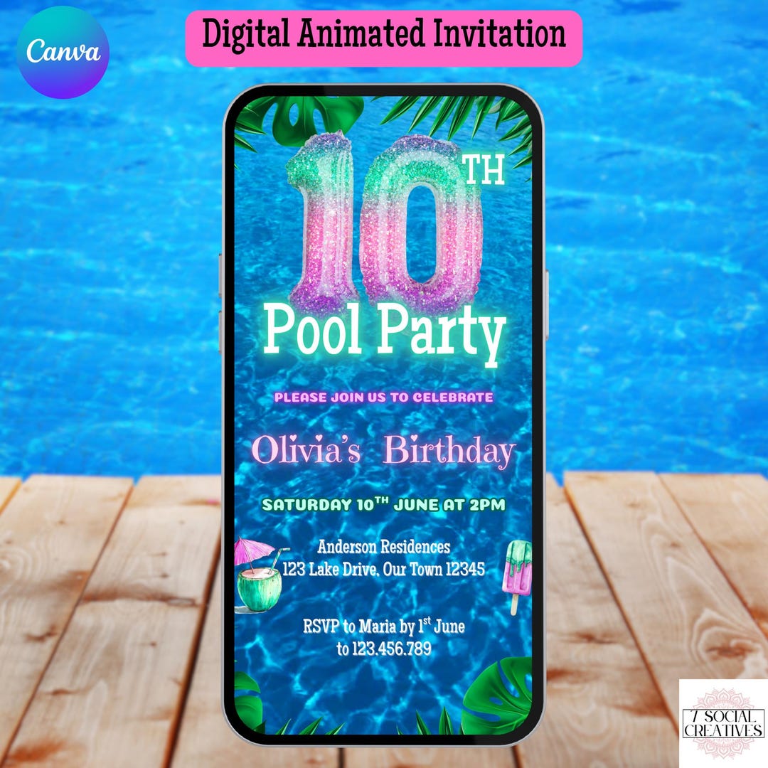 Girls 10th Pool Party Birthday Invite. Digital Animated Pink and Green ...