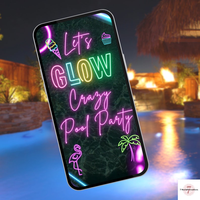 Digital Glow Pool Party Invitation. Neon Glow in the Dark Birthday ...