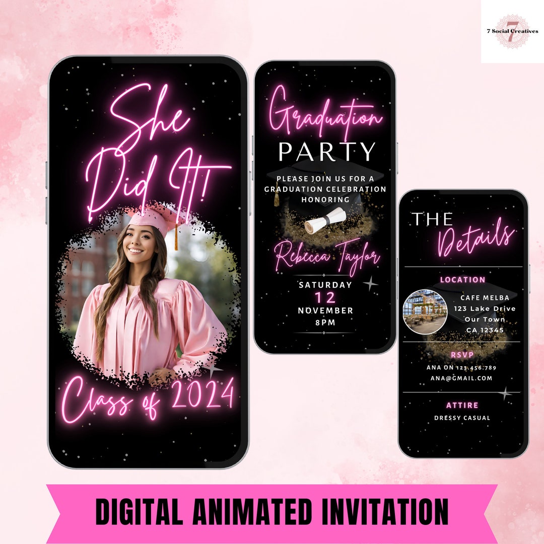 Neon Pink Graduation Party Invitation With Photo. Digital Girls Class ...