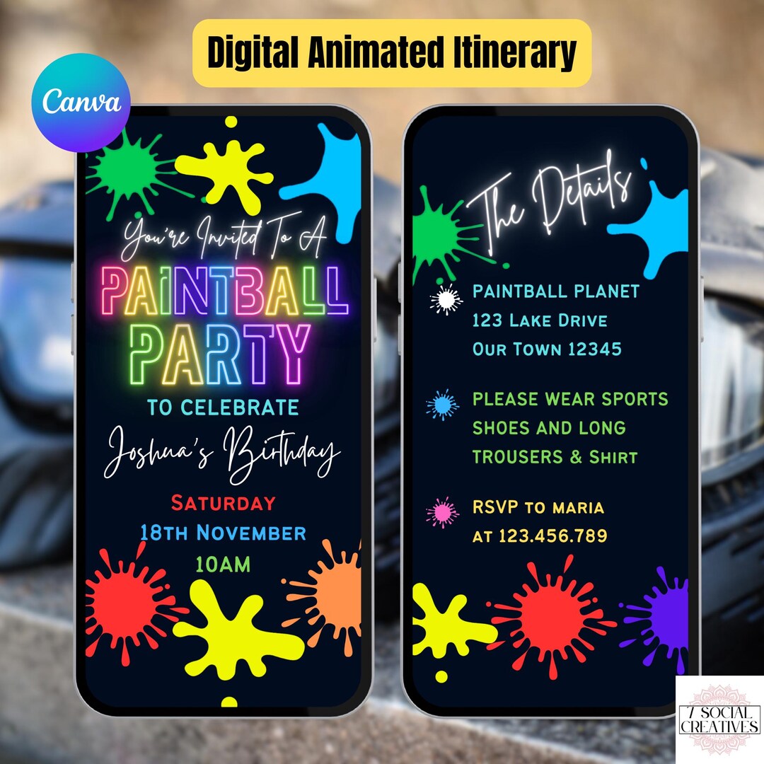Paintball Birthday Party Invite. Digital Animated Paint Ball Invite. Boys, Girls, Mens Colorful ...