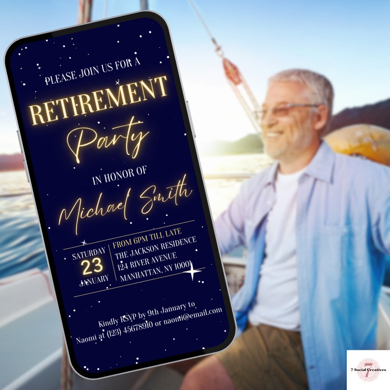 Surprise Retirement Party Invitation. Digital Navy Blue and Gold Neon ...