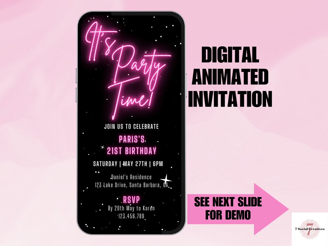 Pink Neon Light Birthday Invitation. Digital Animated Girls Its Party ...