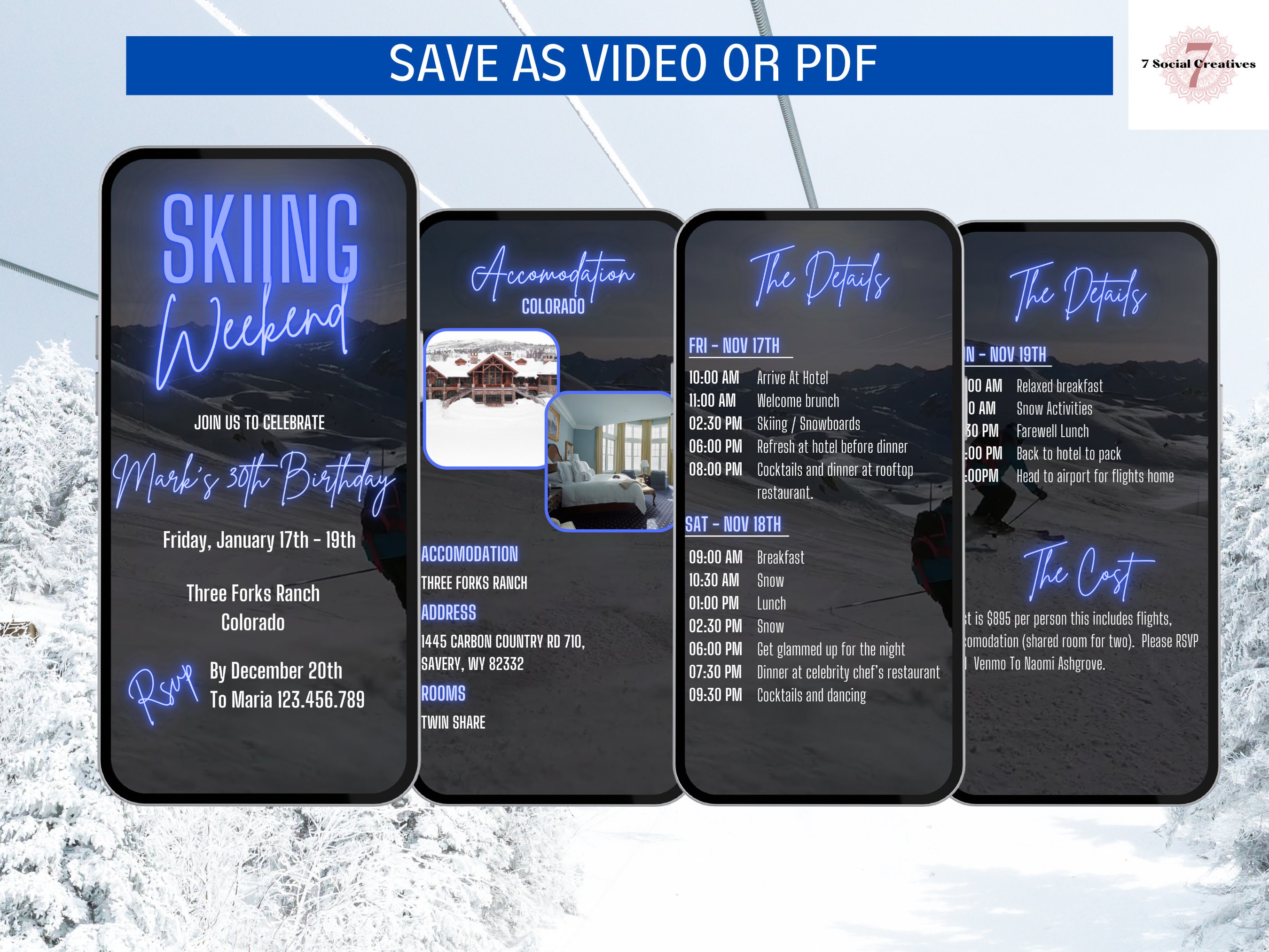 Skiing Trip Itinerary Invitation. Animated Digital Aspen Ski Holiday ...