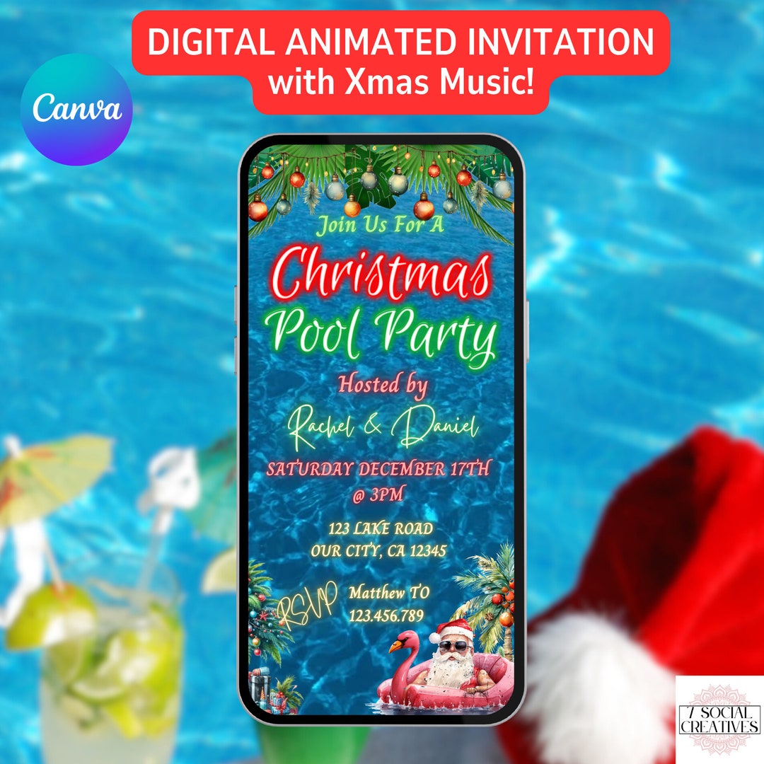 Christmas Pool Party Invitation. Digital Animated Xmas Summer Invite ...