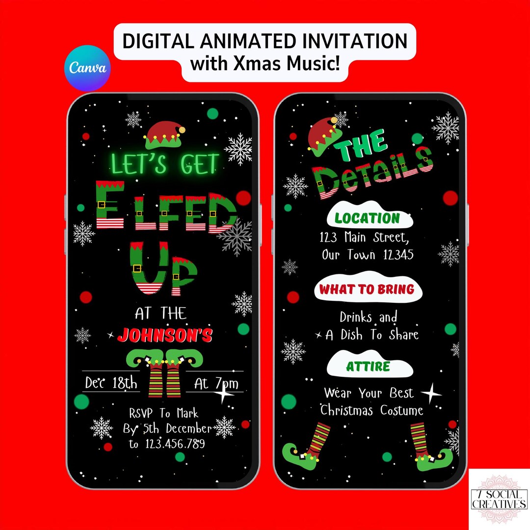 Adult Let's Get Elfed up Christmas Party Invitation With Festive Music ...
