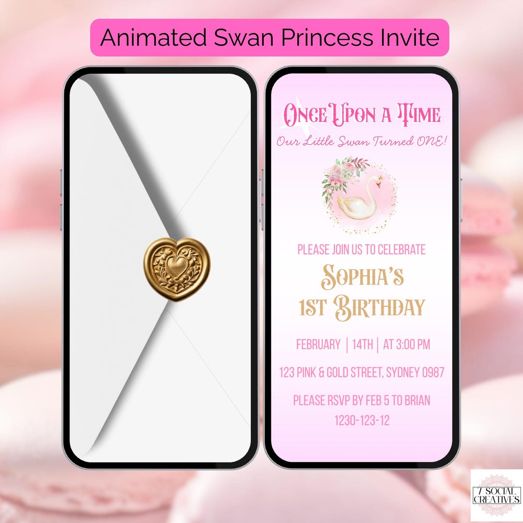 Swan Princess Birthday Invitation. Magical Digital Animated Girls Pink ...