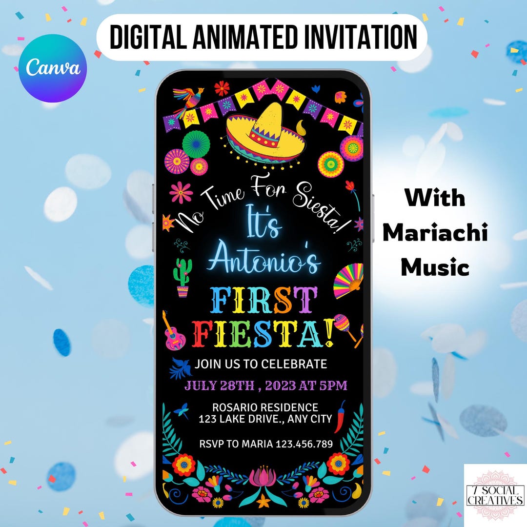 First Fiesta Birthday Invitation With Mariachi Music. Digital Animated ...