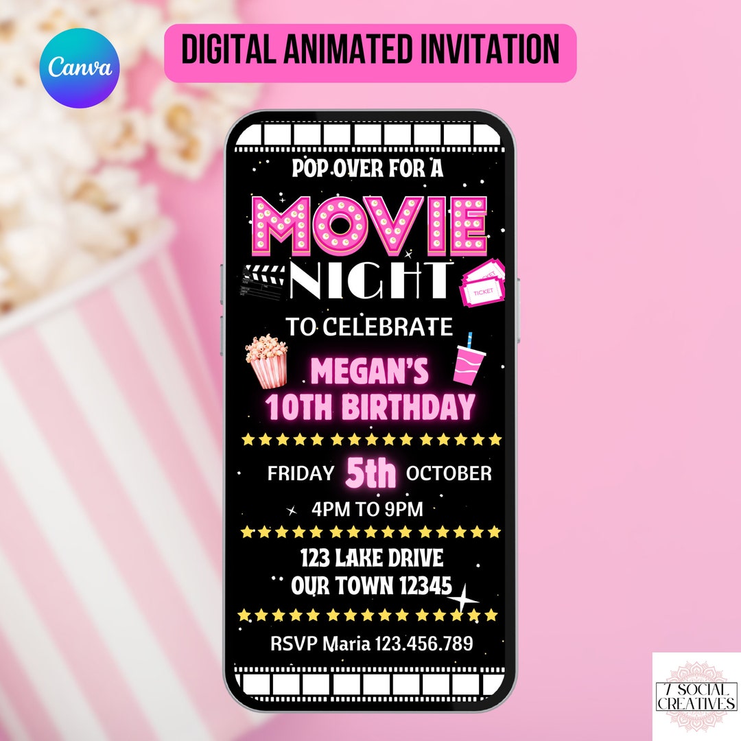 Girls Movie Night Birthday Invitation. Digital Animated Pink Movie ...