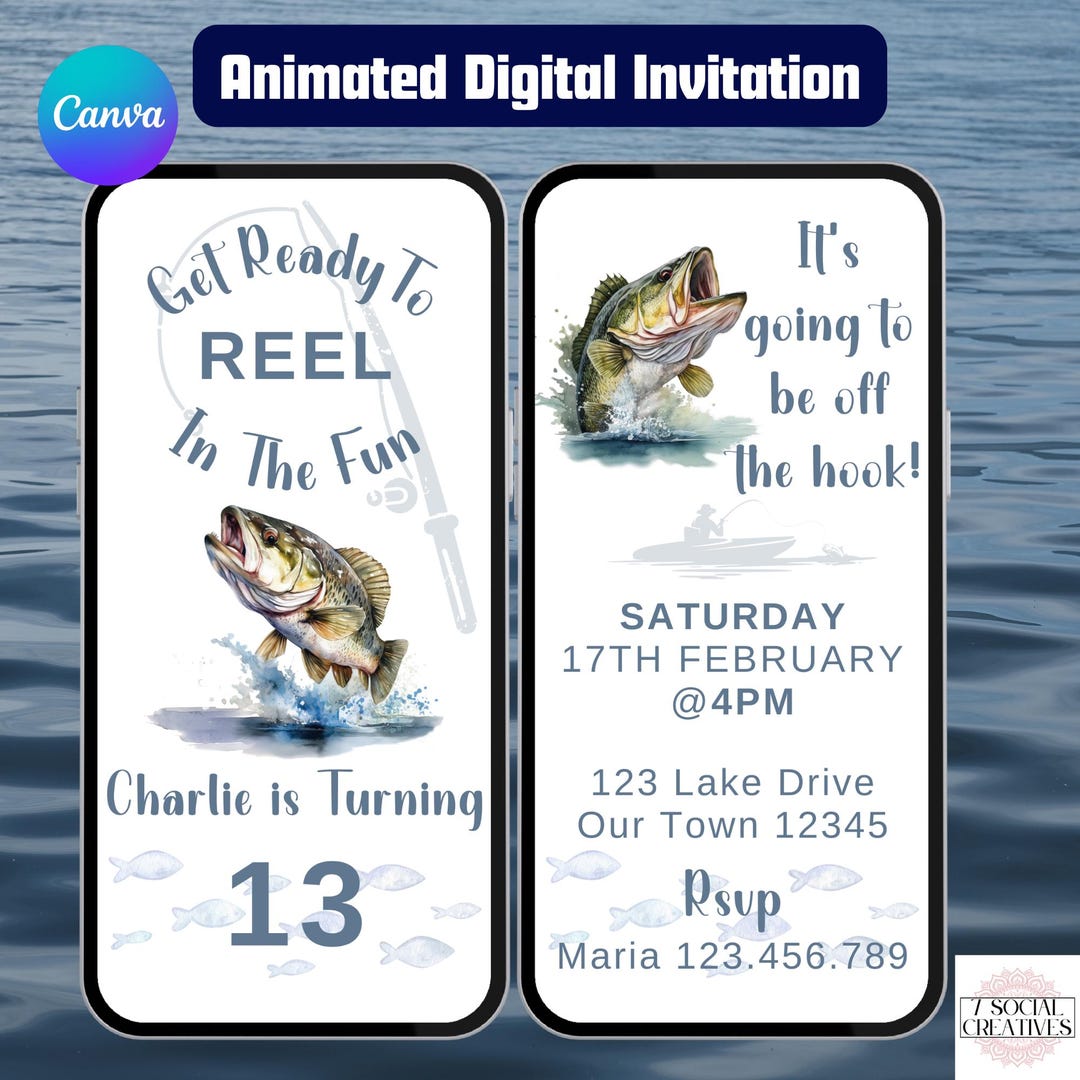 Digital Fishing Invite. Animated Birthday Fish Theme Invitation for Men ...