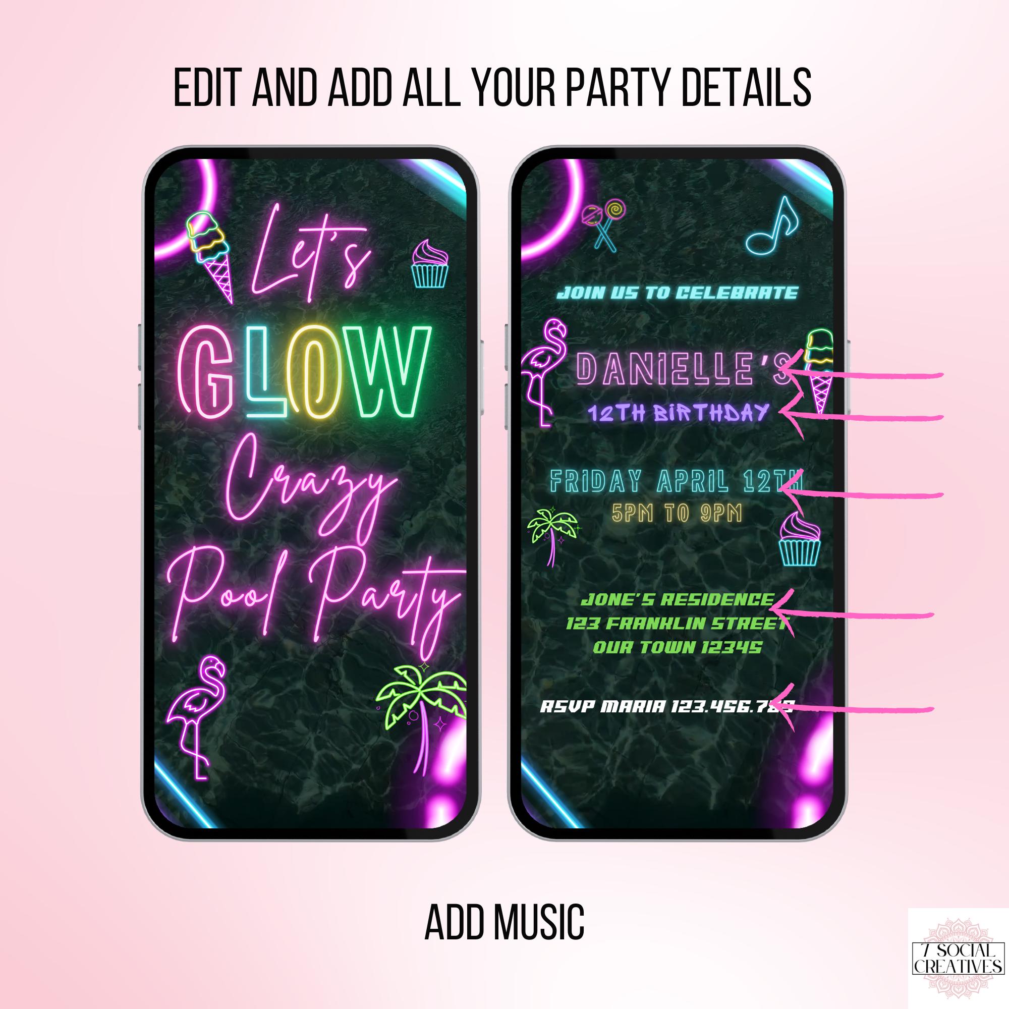 Digital Glow Pool Party Invitation. Neon Glow in the Dark Birthday ...