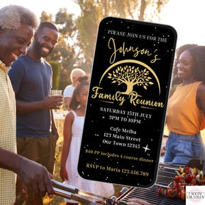 Family Reunion Invitation in Black and Gold. Digital Family Tree Party ...