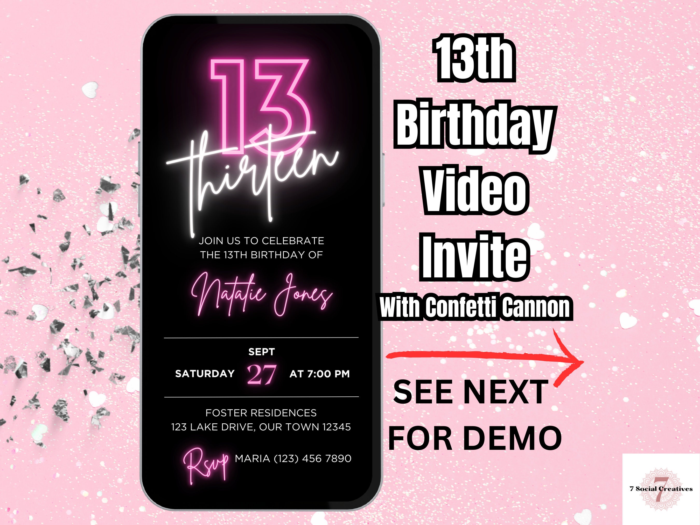 Neon Pink 13th Birthday Invitation Template. Girls Animated - Etsy