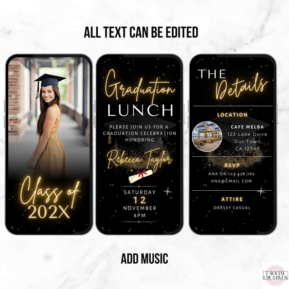 Graduation Lunch Invitation With Photo. Digital Black and Gold Class of ...