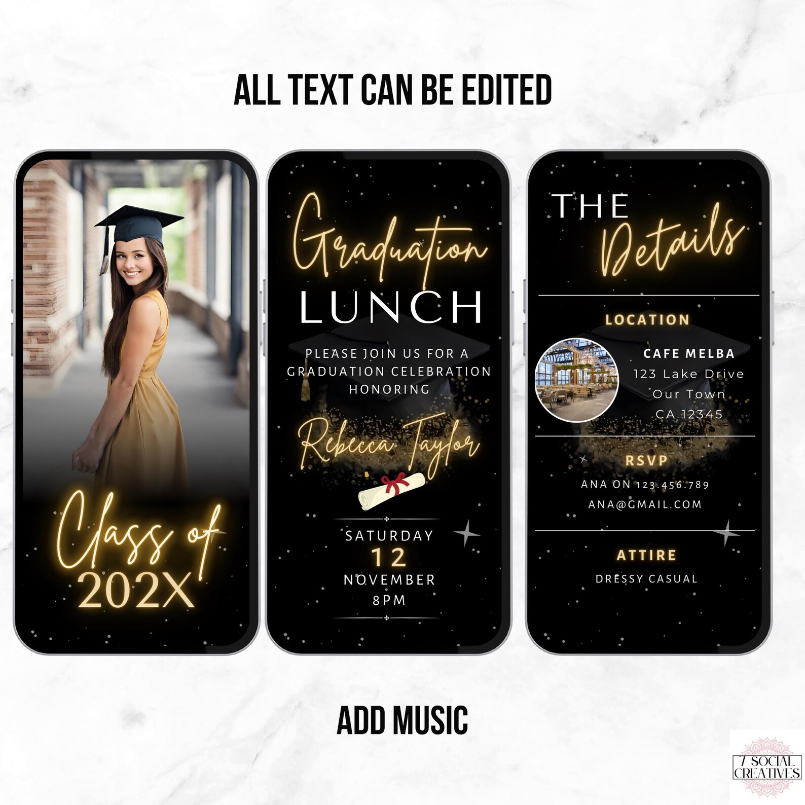 Graduation Lunch Invitation With Photo. Digital Black and Gold Class of ...