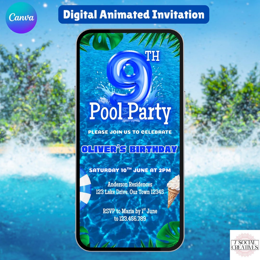 Boys 9th Pool Party Birthday Invite. Digital Animated Blue Summer ...