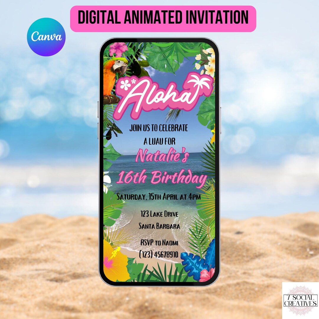 Aloha Luau Party Invitation in Pink. Digital Animated Hawaiian Beach ...
