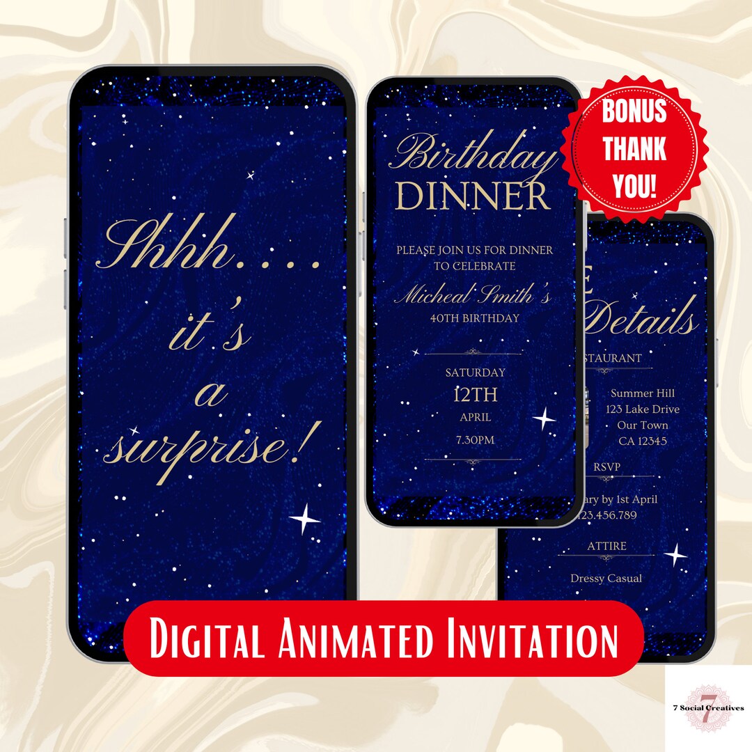 Blue Surprise Birthday Dinner Invitation. Animated Digital Party Invite ...
