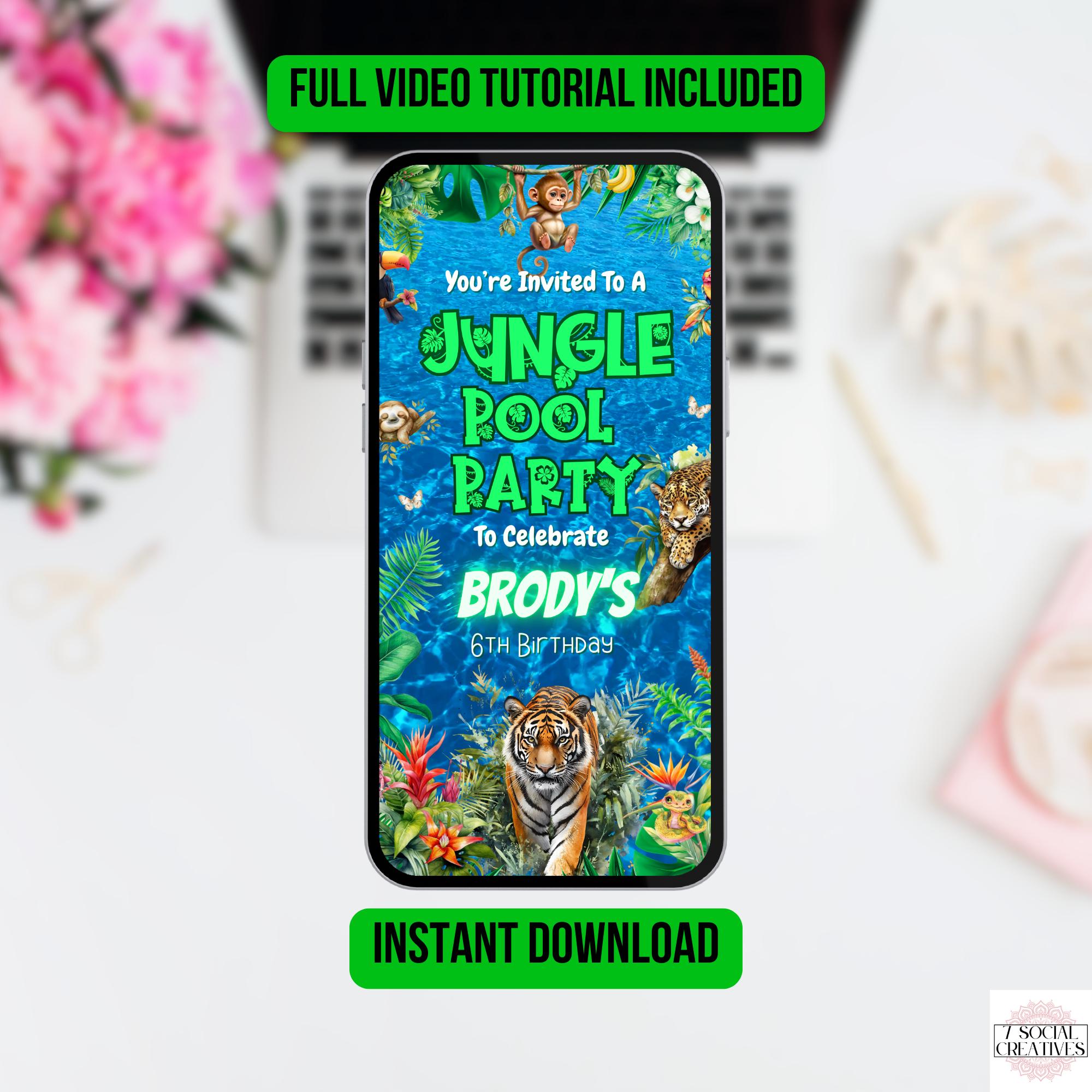 Jungle Pool Party Invitation. Digital Animated Boys or Girls Wild ...