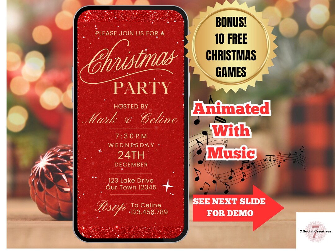 Red Christmas Party Invitation. Animated Invite With Xmas Music ...