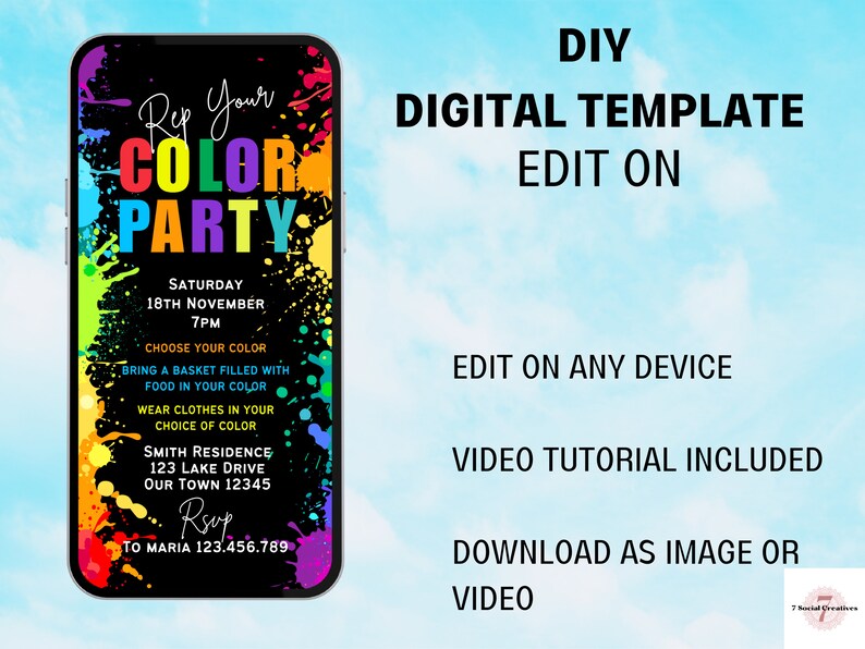 Color Party Invite. Digital Animated Tik Tok Challenge Platter or ...
