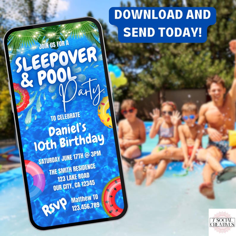 Sleepover and Pool Party Invitation. Digital Animated Boys Blue and ...