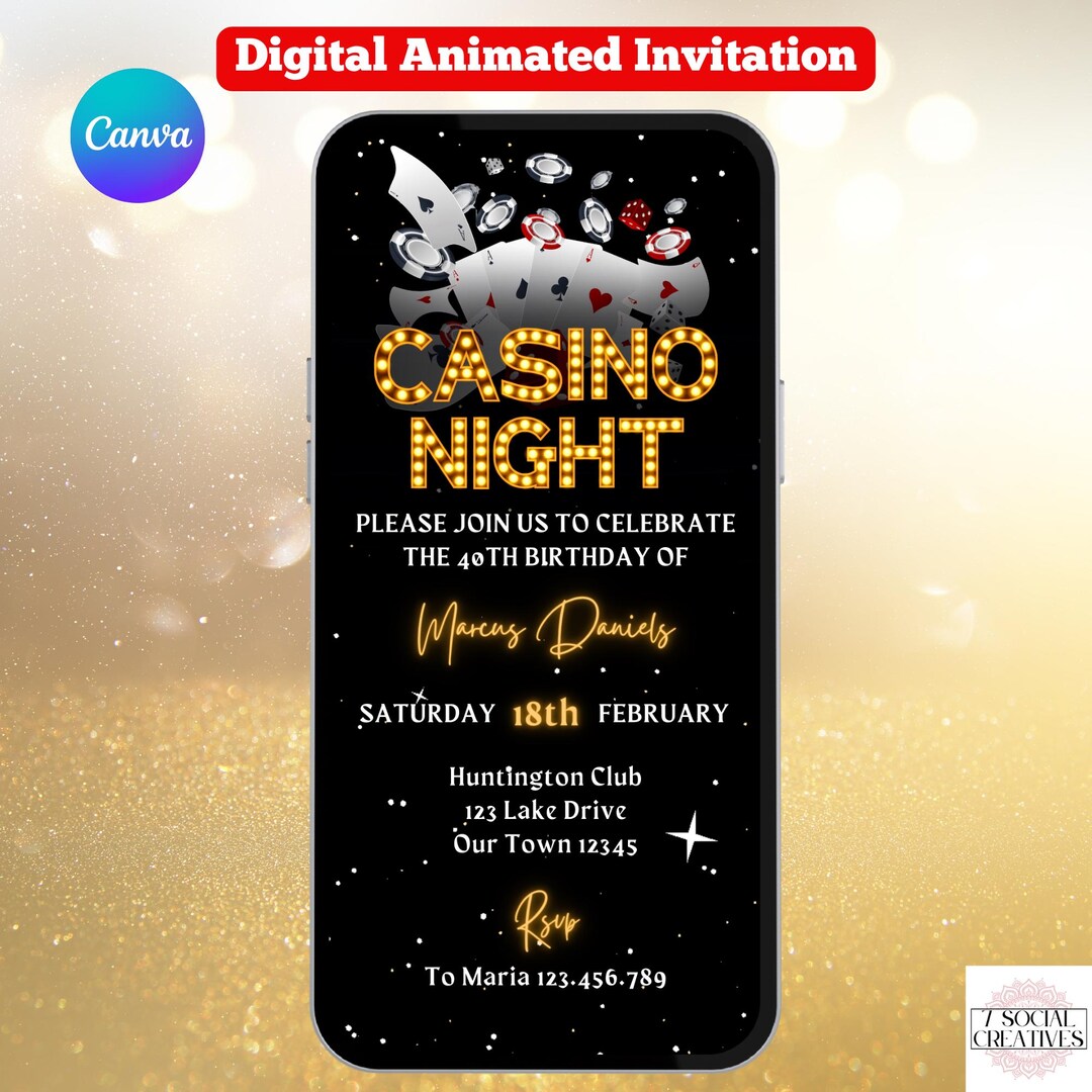 Casino Birthday Invitation. Digital Animated Adult Mens or Womens Poker ...