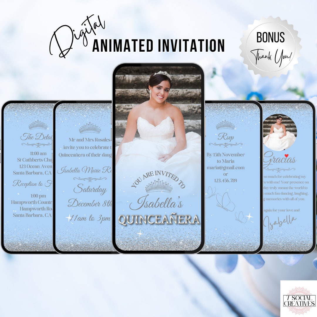 Light Blue Quinceañera Invitation With Photo. Digital Mis Quince Años ...