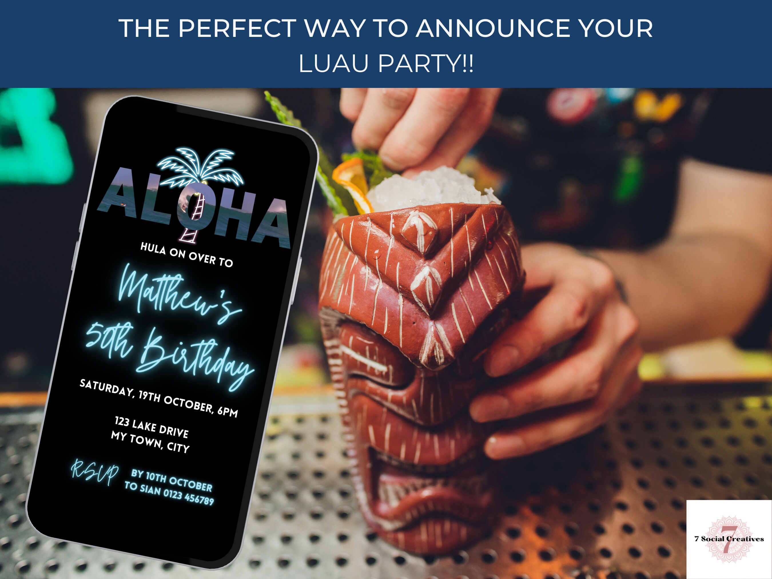 Digital Aloha Invitation. Mens Animated Luau Hawaii Theme Invite in ...