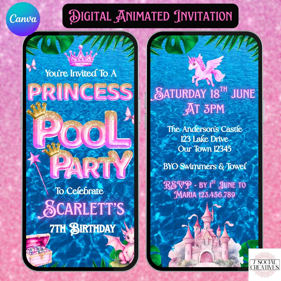 Princess Pool Party Invitation. Digital Animated Girls Any Age Birthday ...