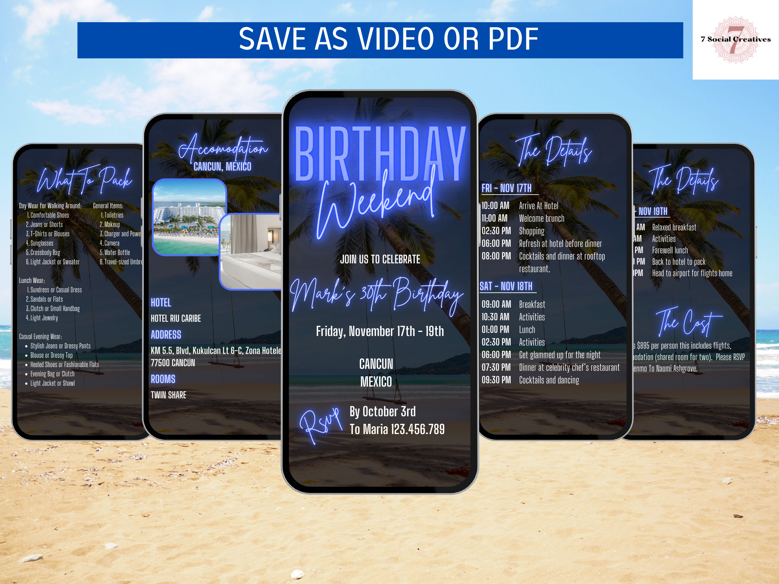 Blue Birthday Weekend Itinerary Template. Digital Tropical Beach Theme ...