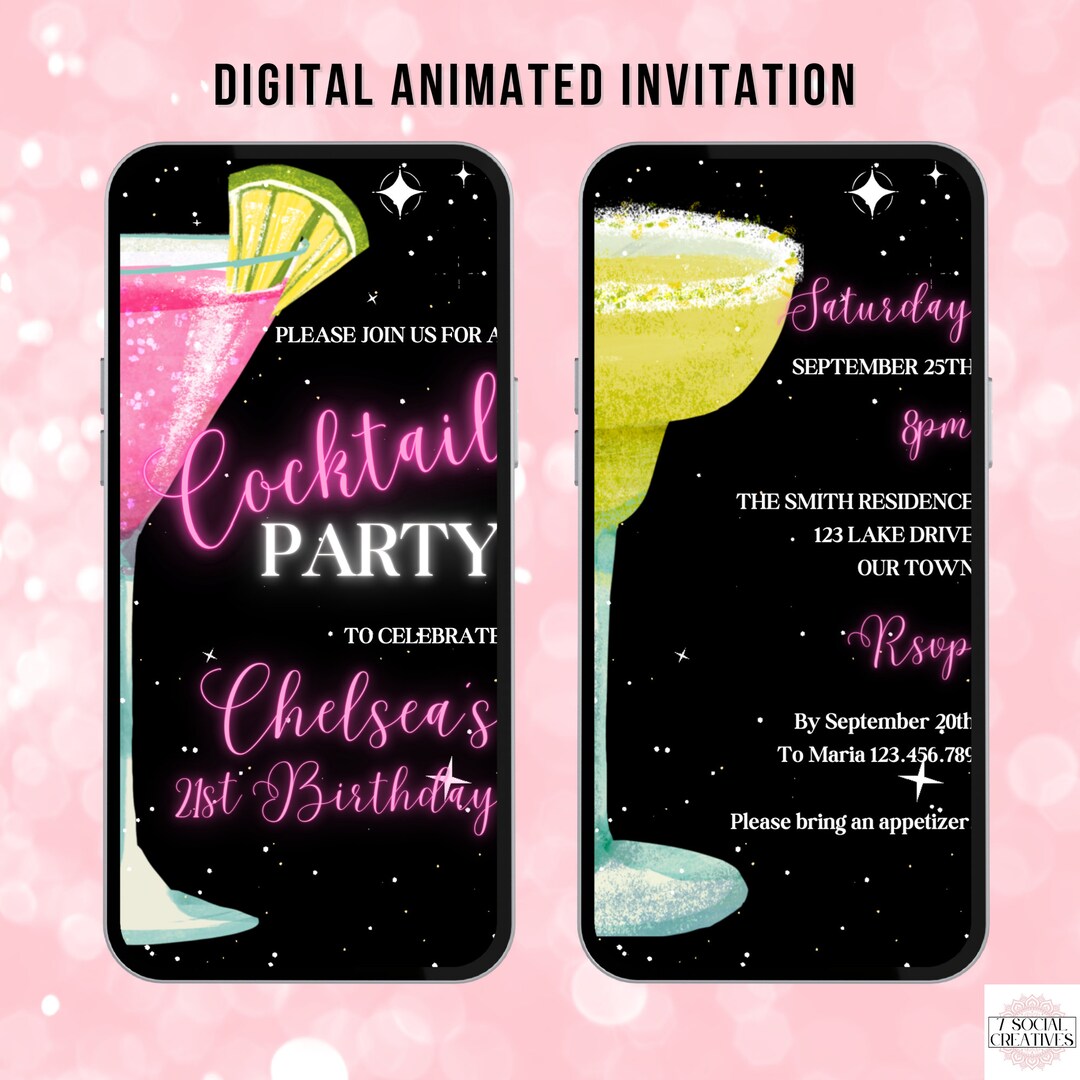 Cocktail Party Invitation. Digital Birthday Cocktails Invite in Pink ...