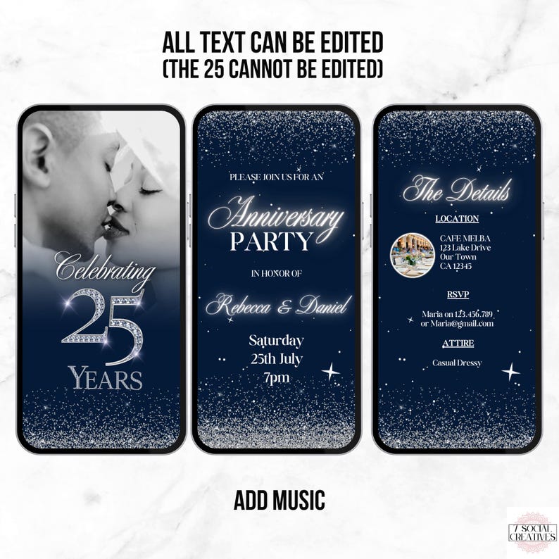 25th Wedding Anniversary Invite. Elegant Digital Silver and Navy Blue ...
