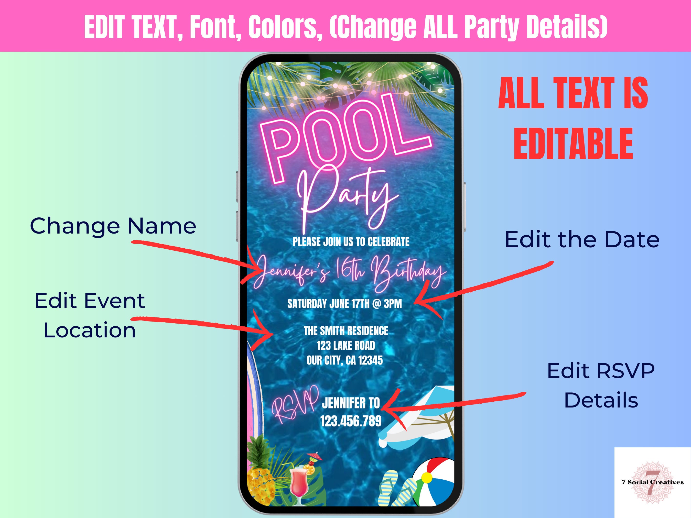 Pool Party Birthday Invitation Video. Neon Pink Teen or Kids Girls ...
