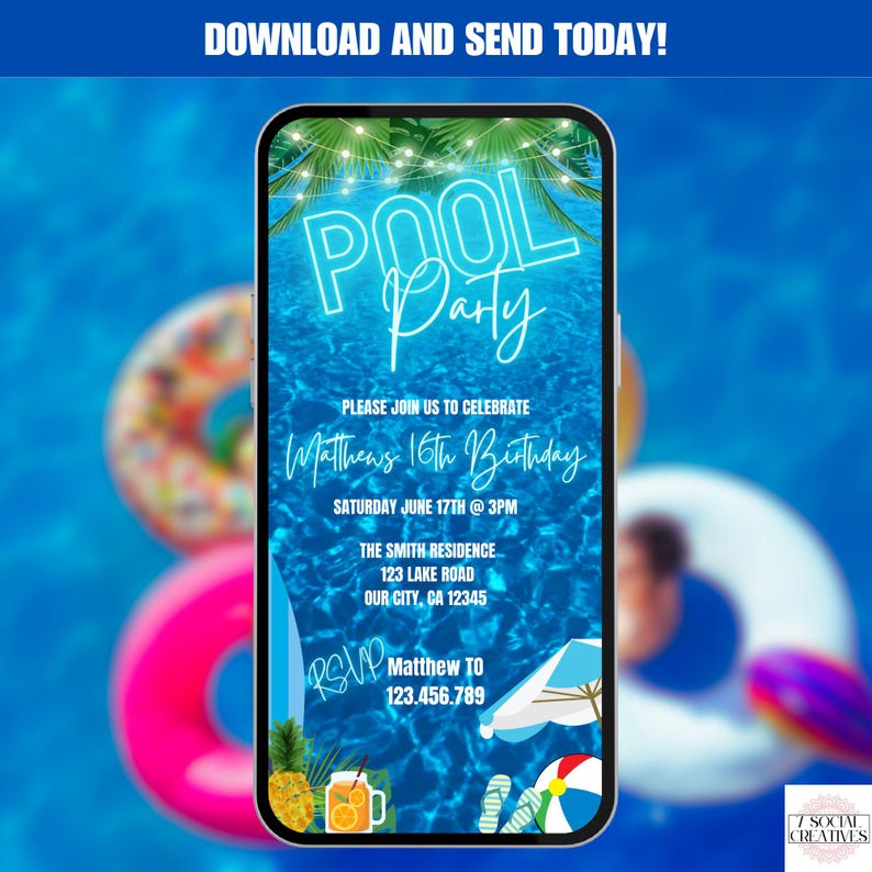Blue Pool Party Birthday Invitation Video. Neon Beach Theme Tropical ...