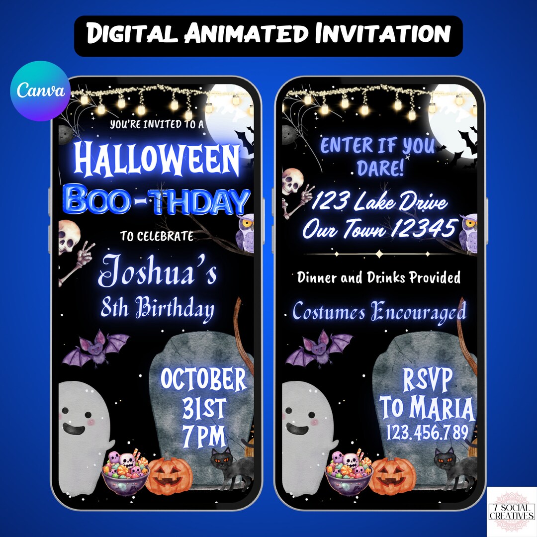 Boys Halloween Birthday Invitation. Digital Animated Blue Boo-thday ...